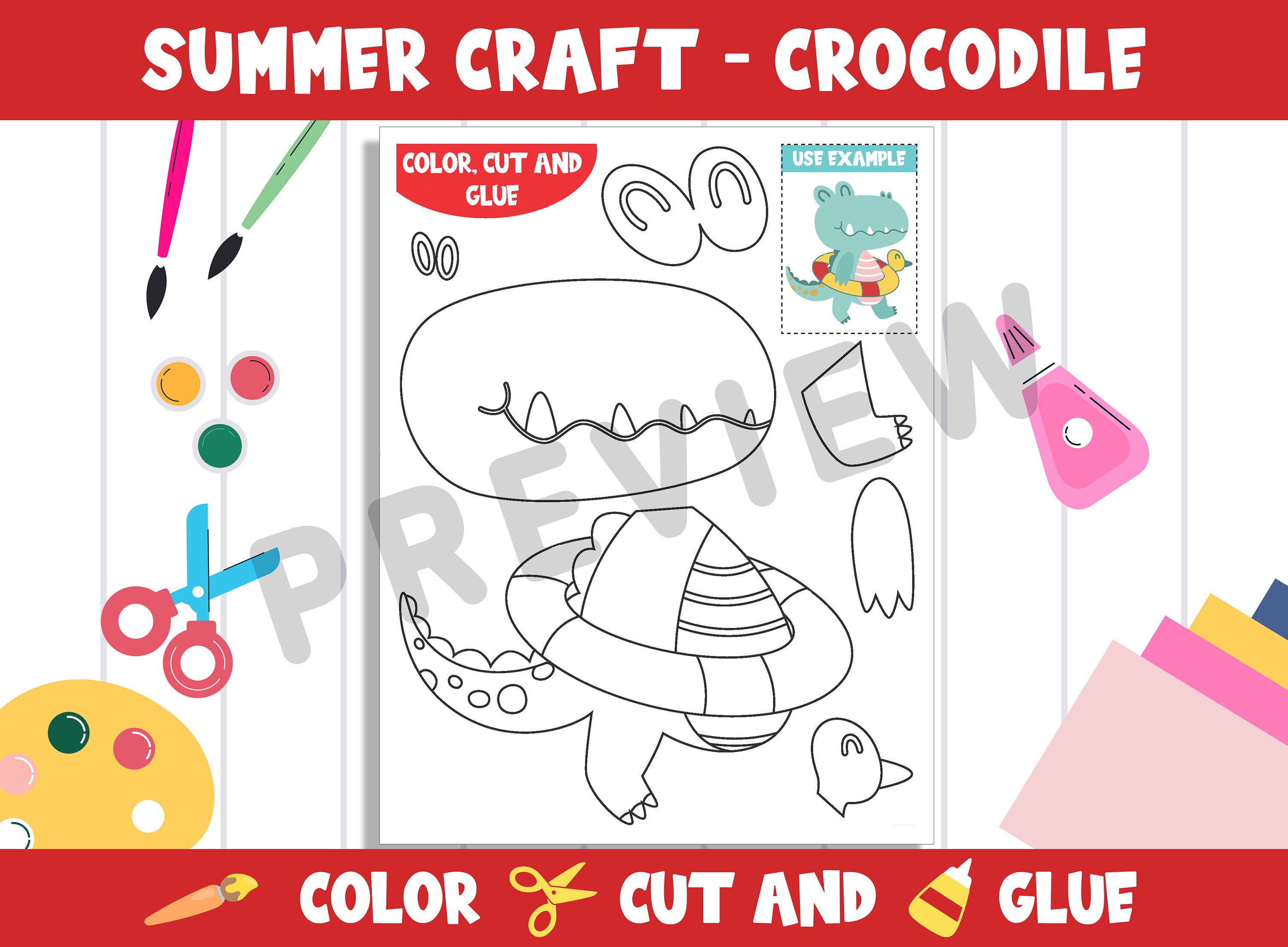 Summer Craft Activity: Crocodile Color, Cut, and Glue for Prek to 2nd ...