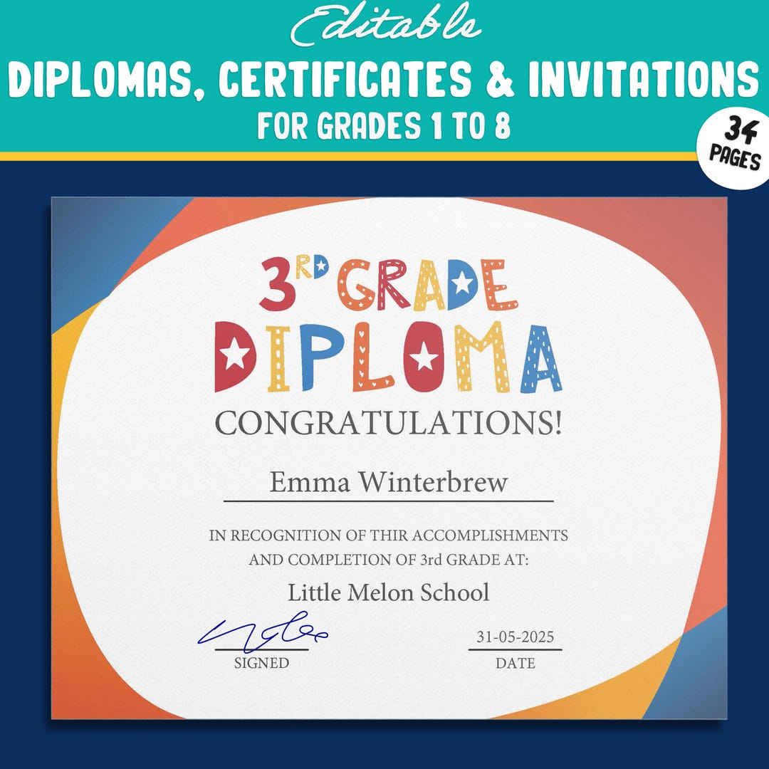 Editable End of 3rd Grade Certificate, 1st to 8th Grade Diploma ...