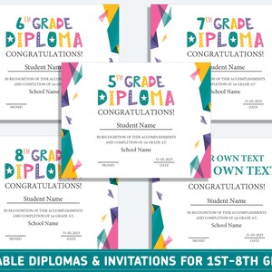 Editable First Grade, Second Grade to 8th Grade Diploma Certificate of ...