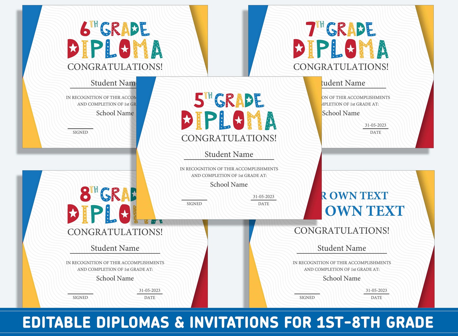 Editable 2nd Grade Graduation Certificate, 1st to 8th Grade Diploma ...