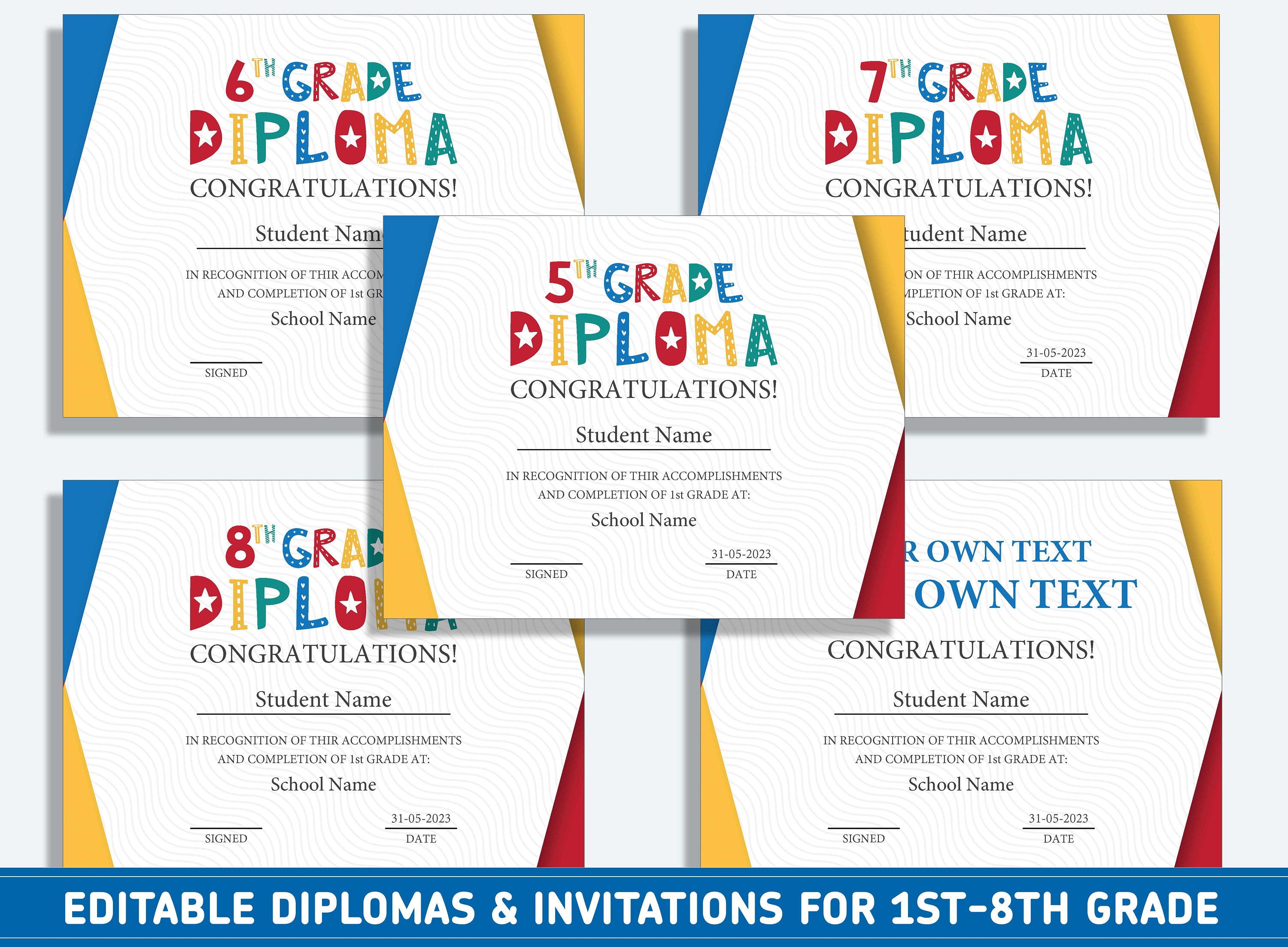 Editable 2nd Grade Graduation Certificate, 1st to 8th Grade Diploma ...