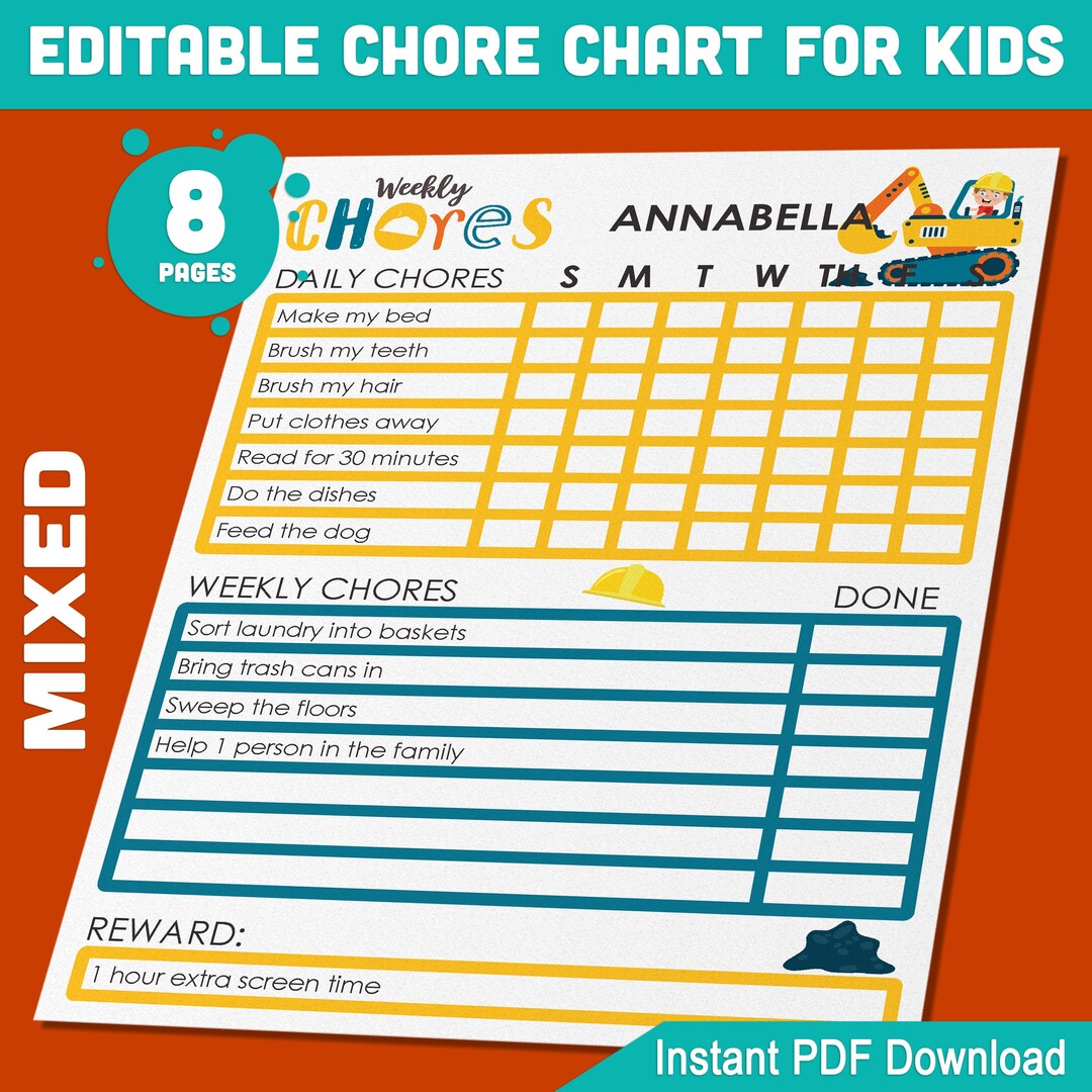 Printable and Editable Chore Chart for 3-6 Year Olds: Make Daily Tasks ...