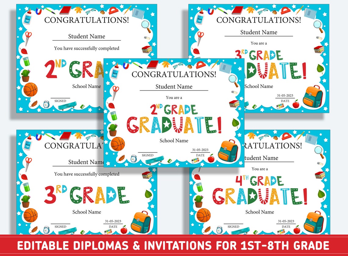 Editable 1st Grade Graduation, 1st to 8th Grade Diploma, Certificate of ...