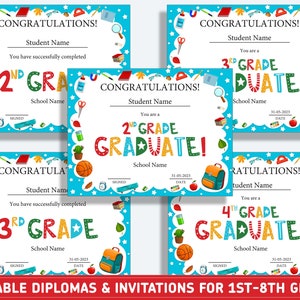 Editable 1st Grade Graduation, 1st to 8th Grade Diploma, Certificate of ...