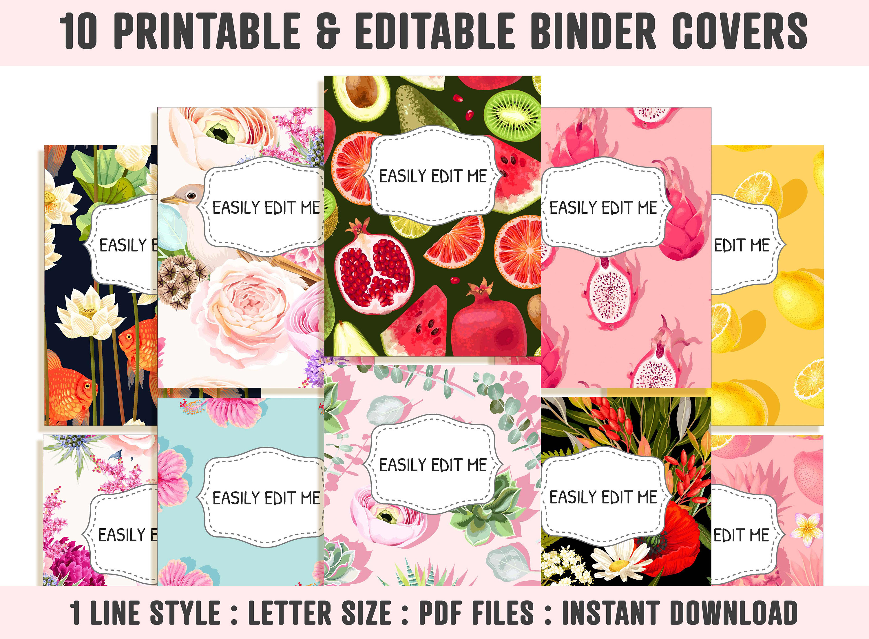 Fruit and Floral Binder Cover, 10 Printable & Editable Binder Covers ...