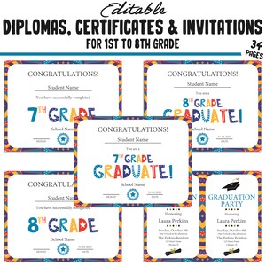 Editable 7th Grade Diplomas, 1st-8th Grade Certificates, and Invitation ...