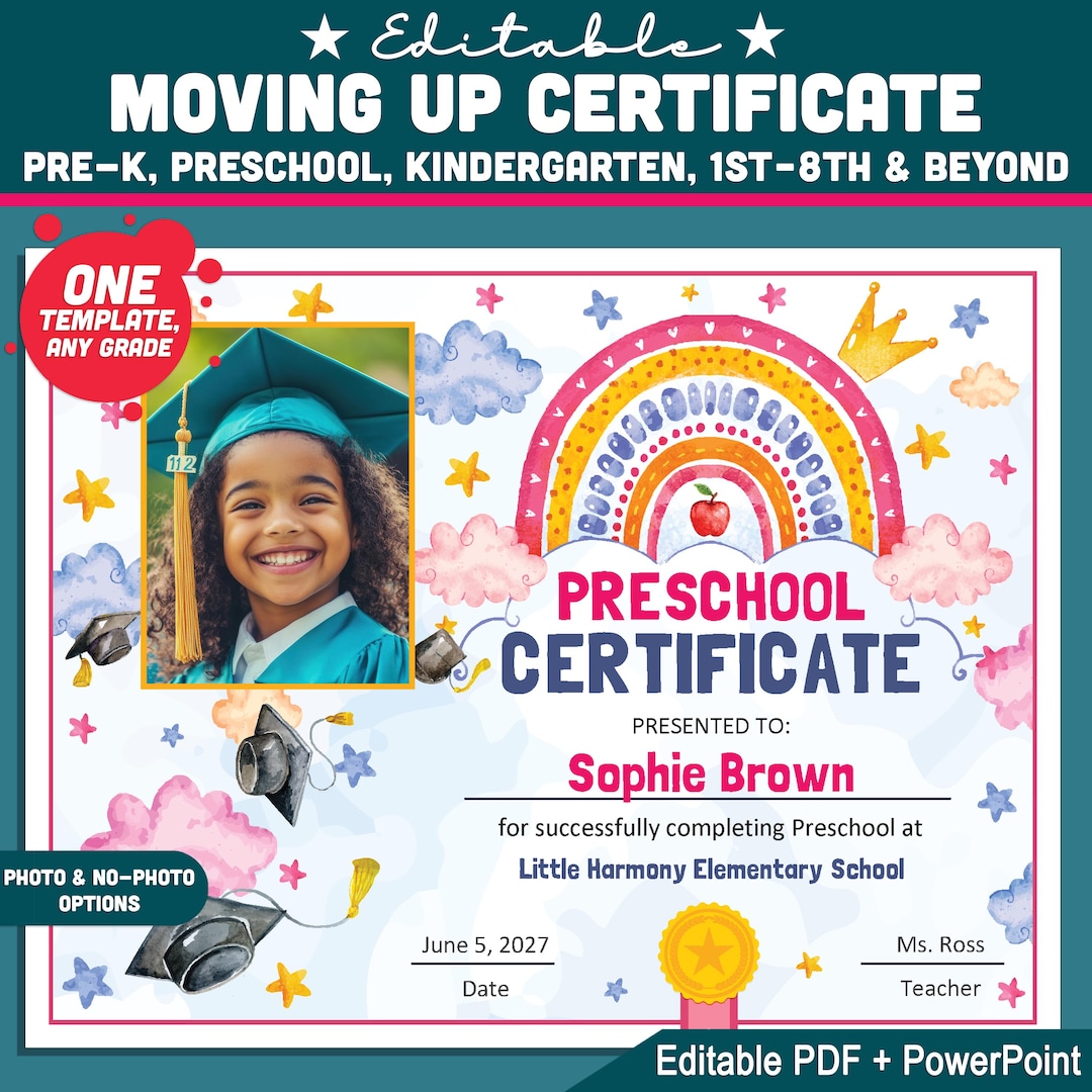Editable Moving up Certificate or Diploma, Any Grade Graduation ...