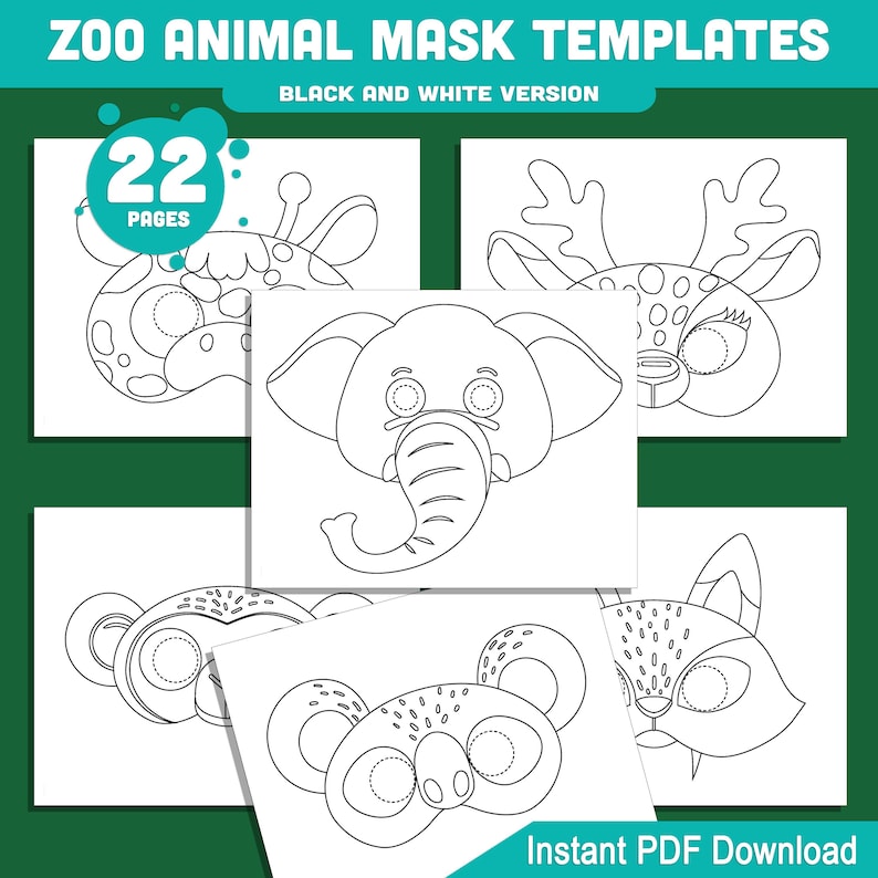 Jungle & Zoo Animal Mask Templates: 22-page Printable Craft for Kids ...