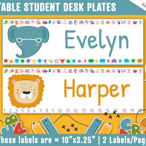 Student Desk Plates, 30 Printable/editable Animals Faces Classroom Name ...
