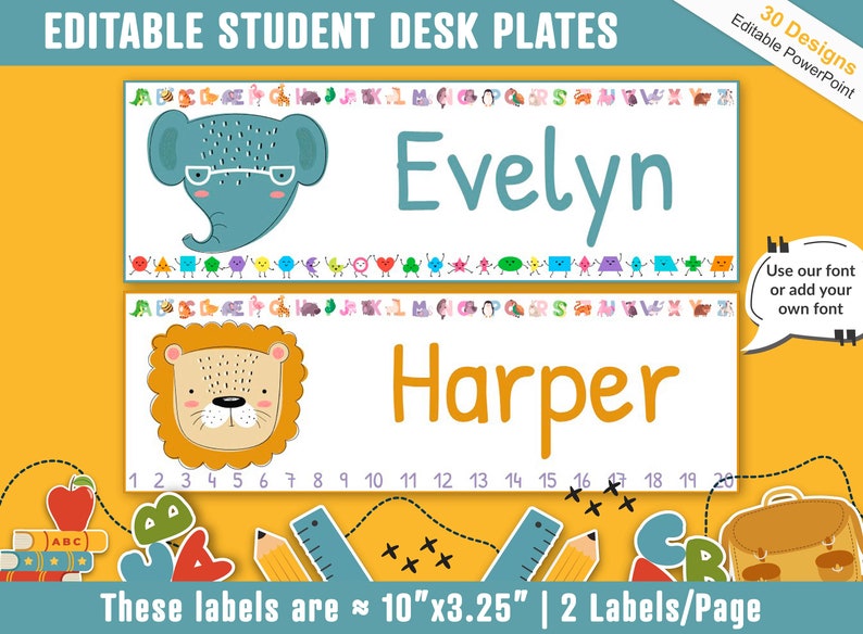 Student Desk Plates, 30 Printable/editable Animals Faces Classroom Name ...