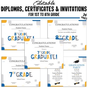 Editable 1st Grade Diploma, 1st-8th Grade Certificates, and Invitation ...