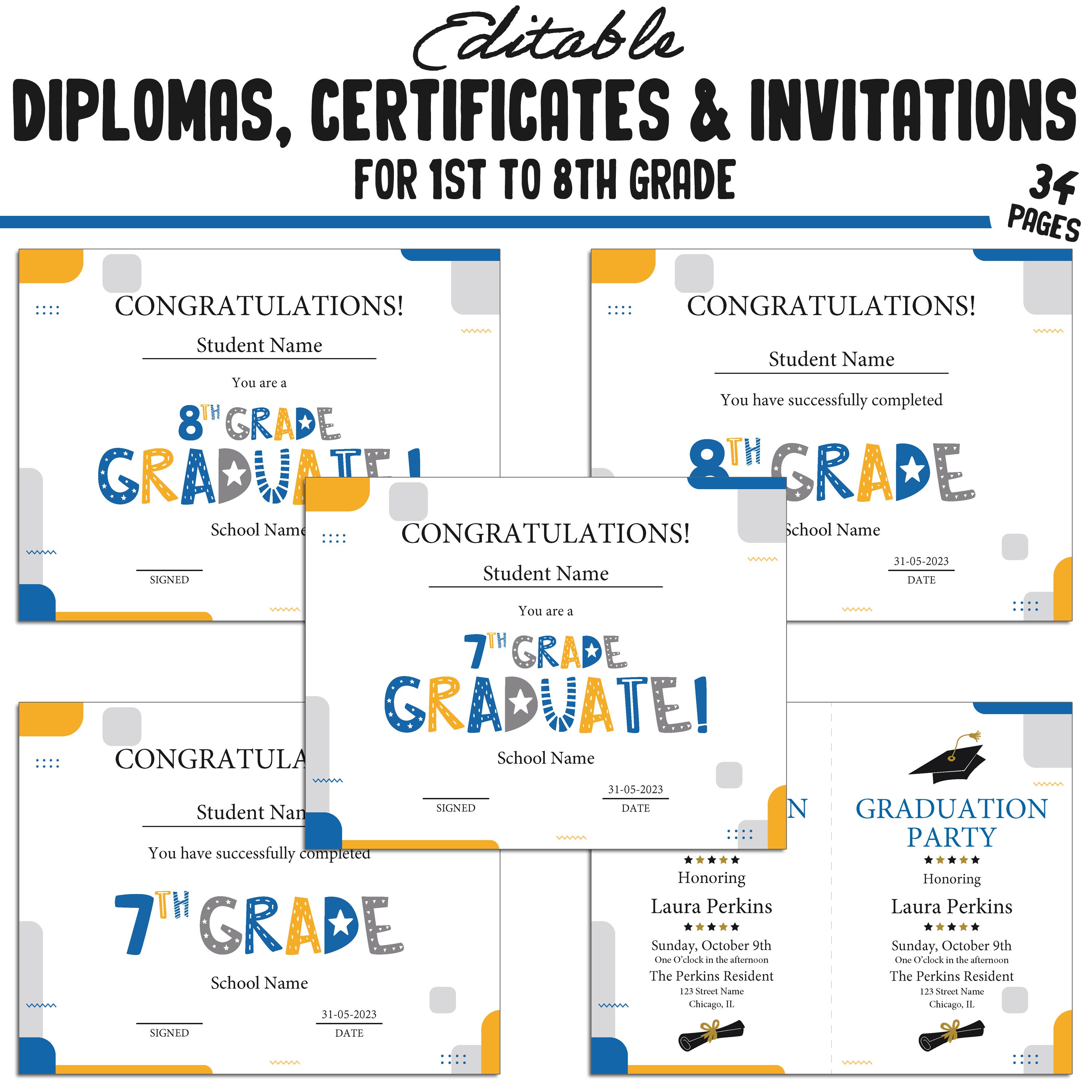 Editable 1st Grade Diploma, 1st-8th Grade Certificates, and Invitation ...