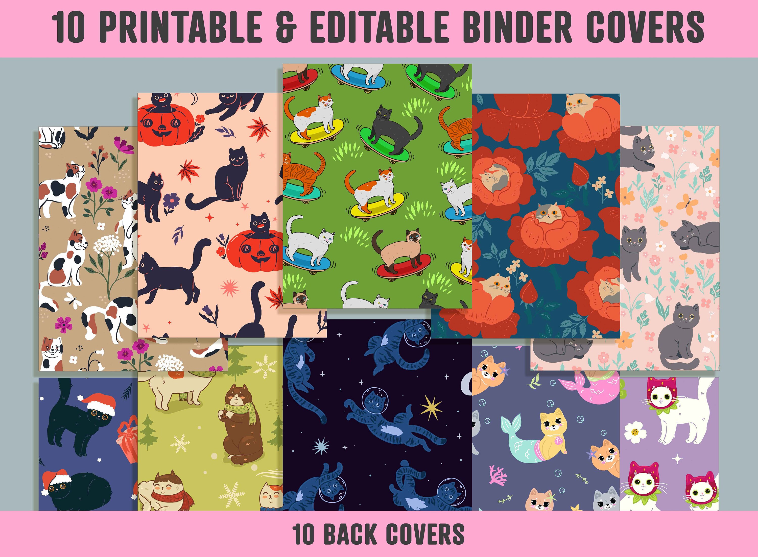 Cute Cats Binder Cover, 10 Printable/editable Binder Coversspines ...