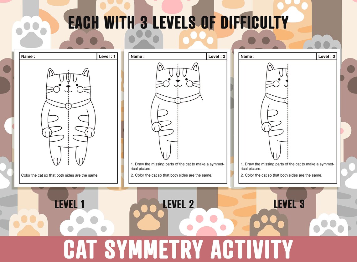 Cat Symmetry Worksheet, Kitten Theme Lines of Symmetry Activity, 24 ...