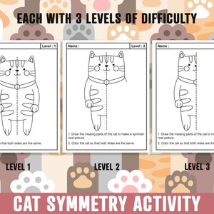 Cat Symmetry Worksheet, Kitten Theme Lines of Symmetry Activity, 24 ...