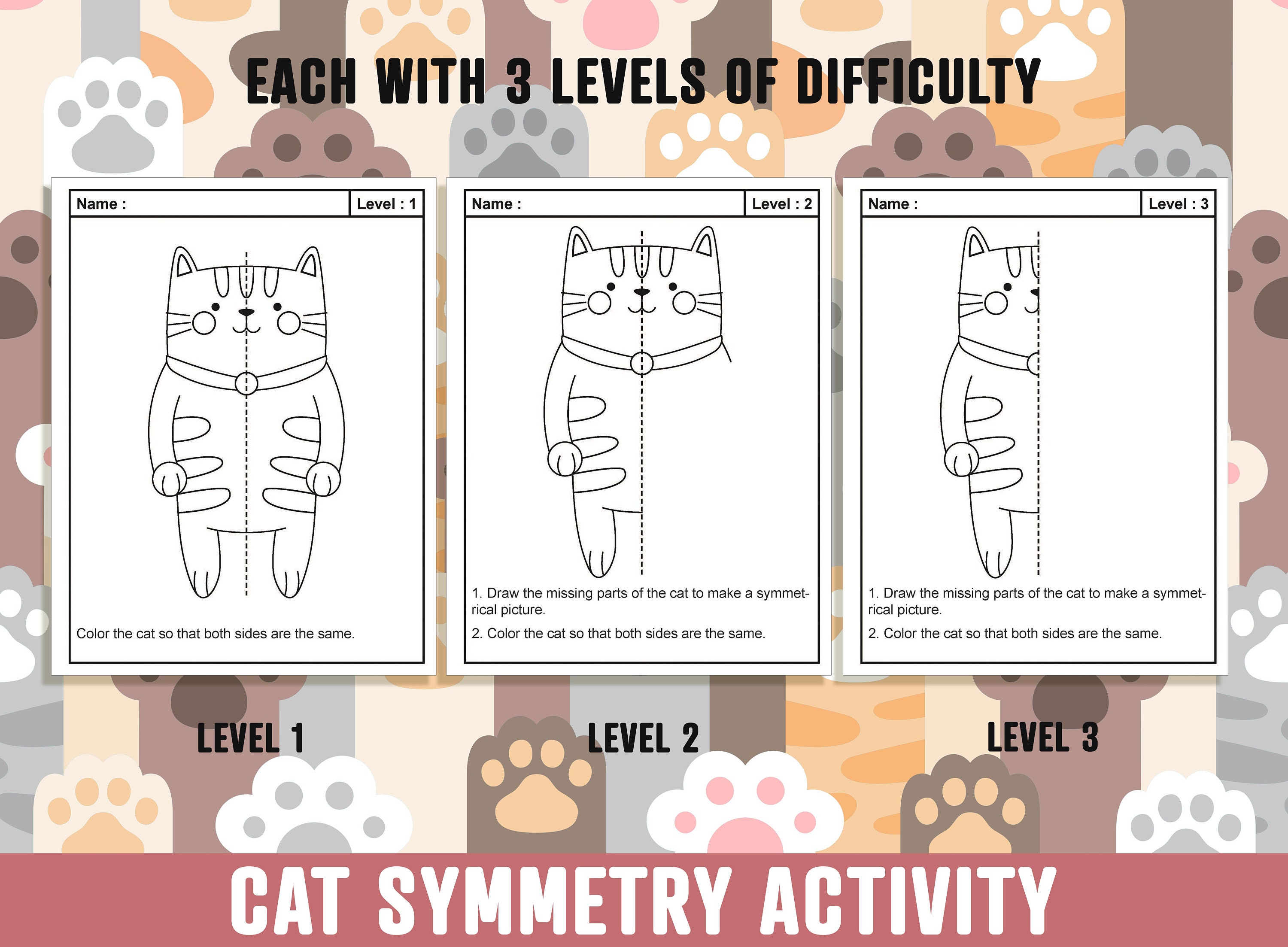 Cat Symmetry Worksheet, Kitten Theme Lines of Symmetry Activity, 24 ...