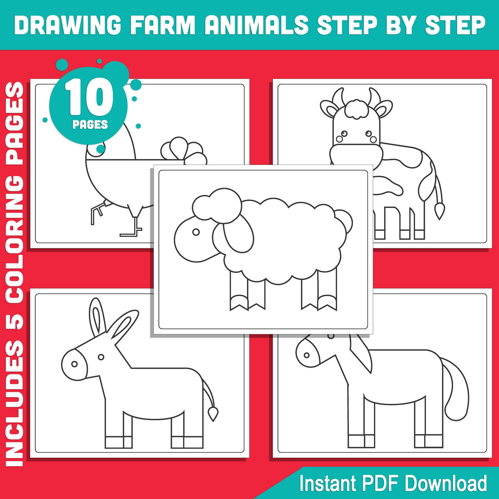 Drawing Farm Animals Step by Step, 5 Easy Guides & Fun Coloring Pages ...