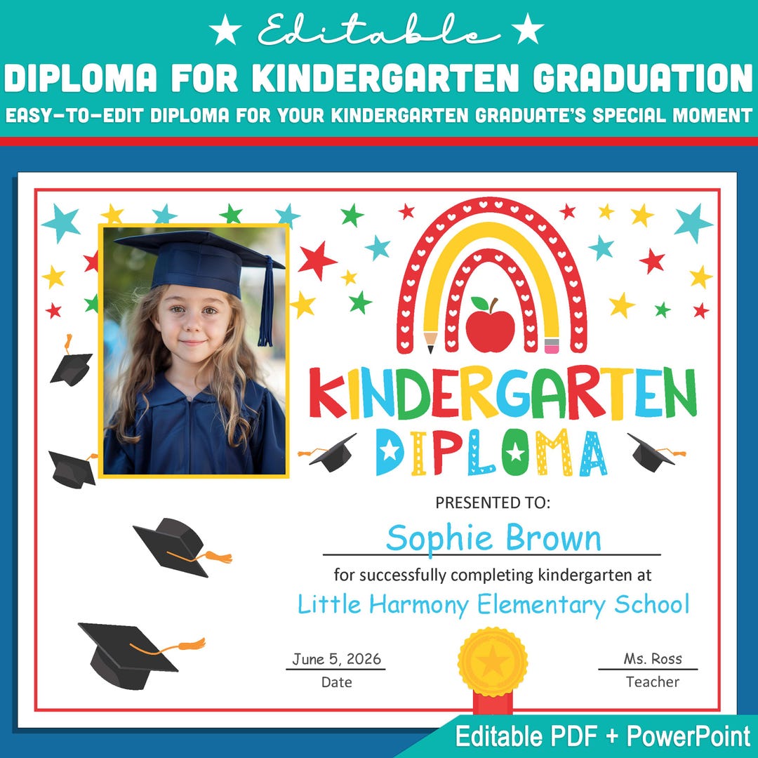 Editable Kindergarten Moving up Diploma With Student Photo – Rainbow ...