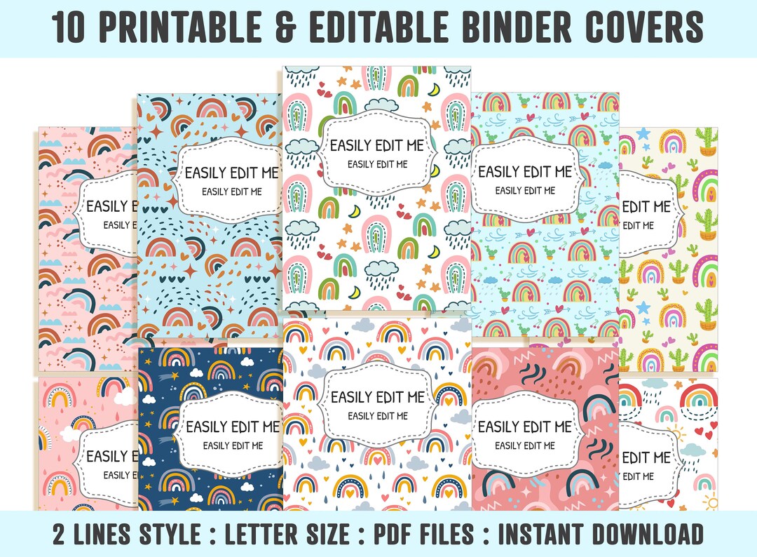 Rainbow Binder Cover, 10 Printable & Editable Binder Coversspines ...