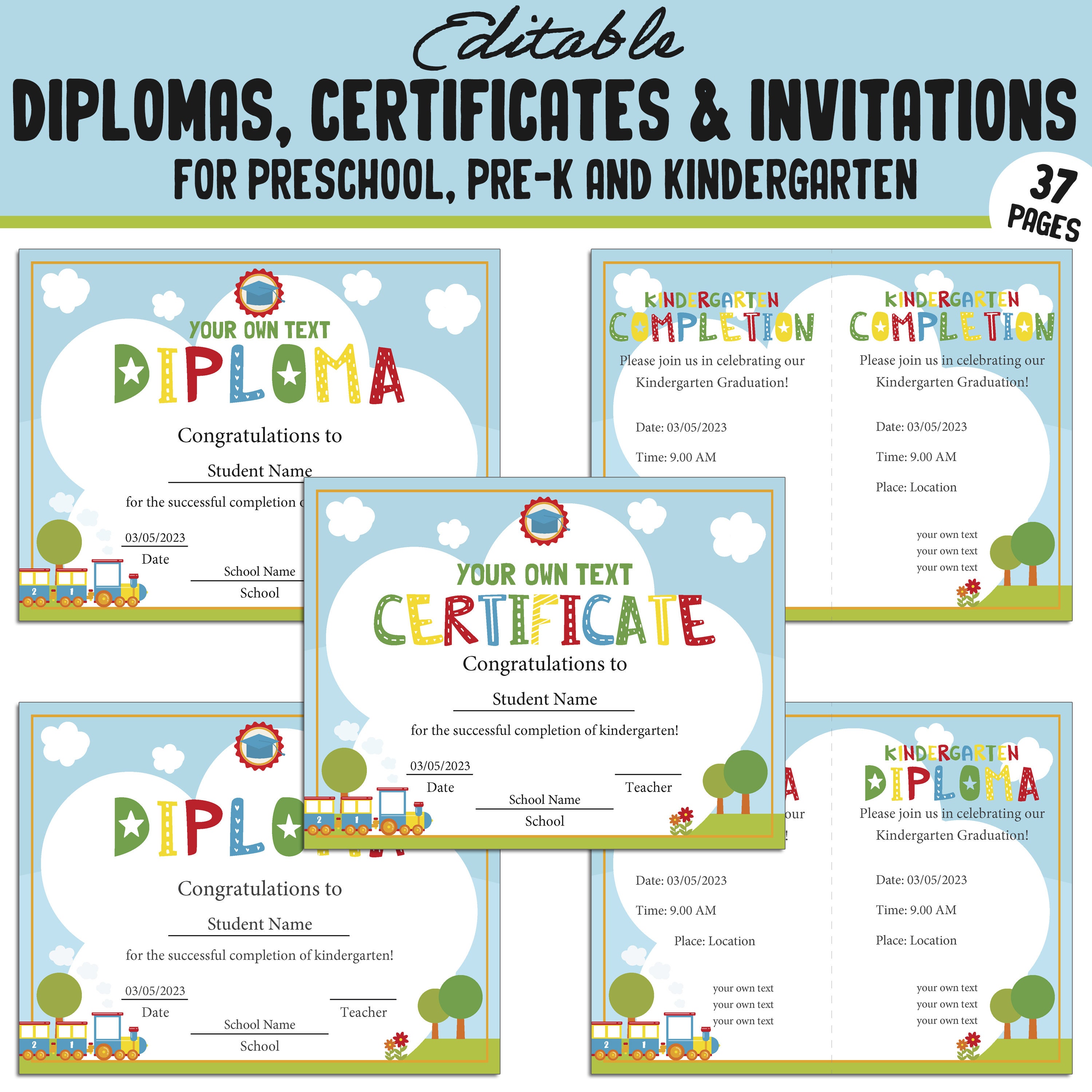 Editable Pre Kindergarten, Preschool, Kindergarten Diplomas ...
