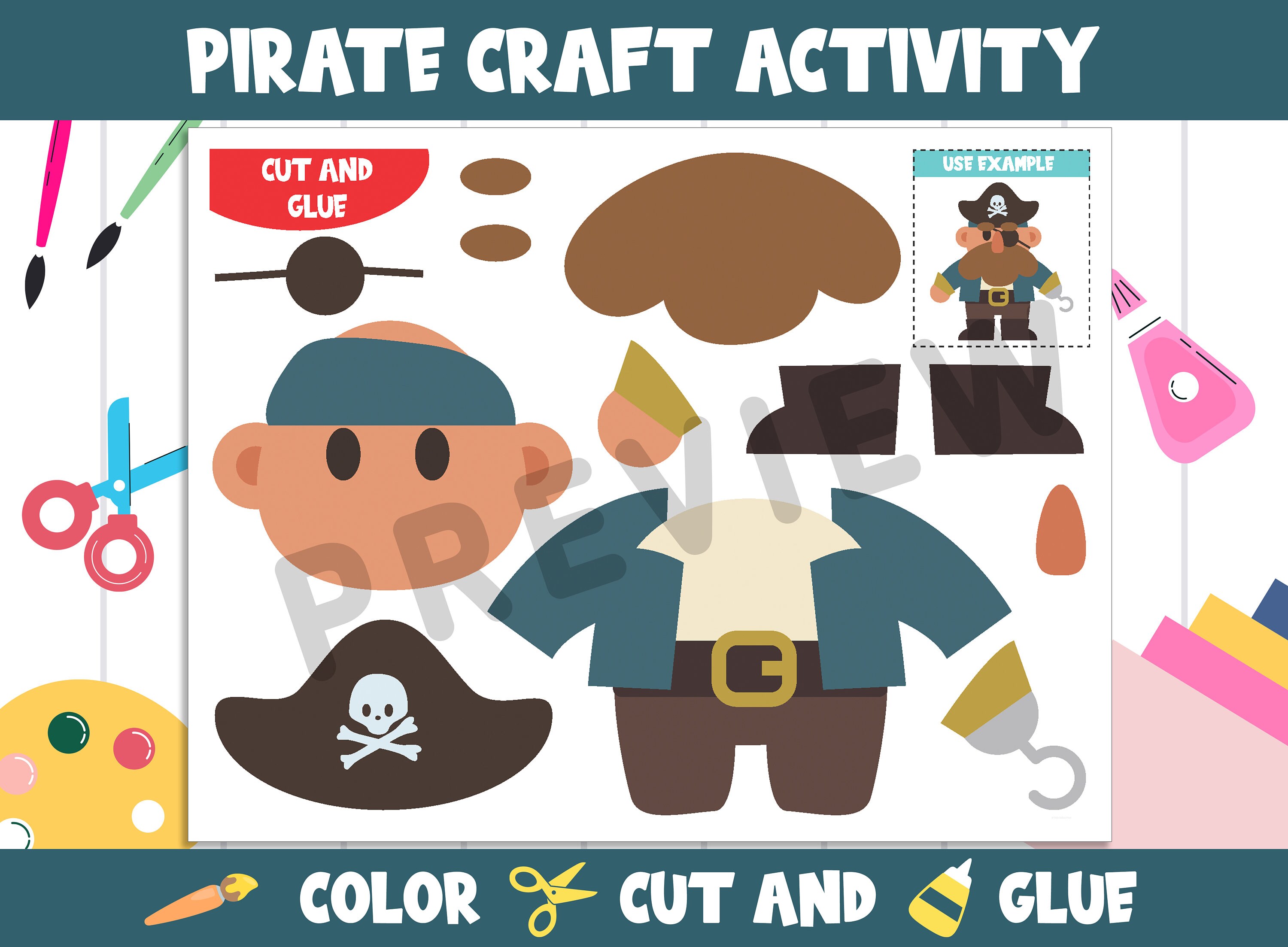 Pirate Craft Activity Color, Cut, and Glue for Prek to 2nd Grade, PDF ...