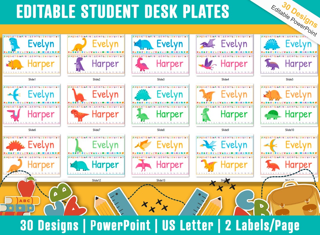 Baby Dinosaur Student Desk Plates: 30 Editable Designs With Powerpoint ...