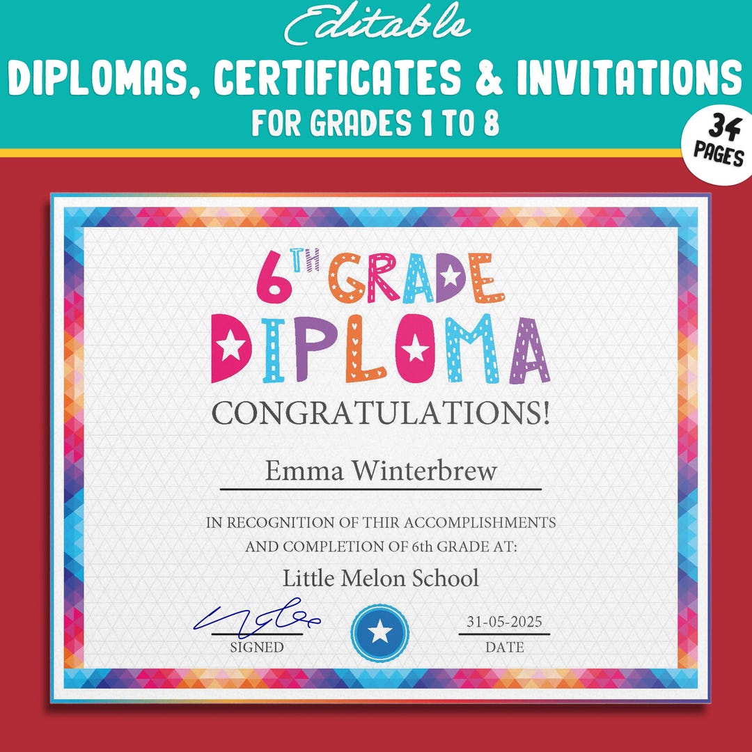 Editable Sixth Grade Diploma, 1st to 8th Grade Diploma, Certificate of ...