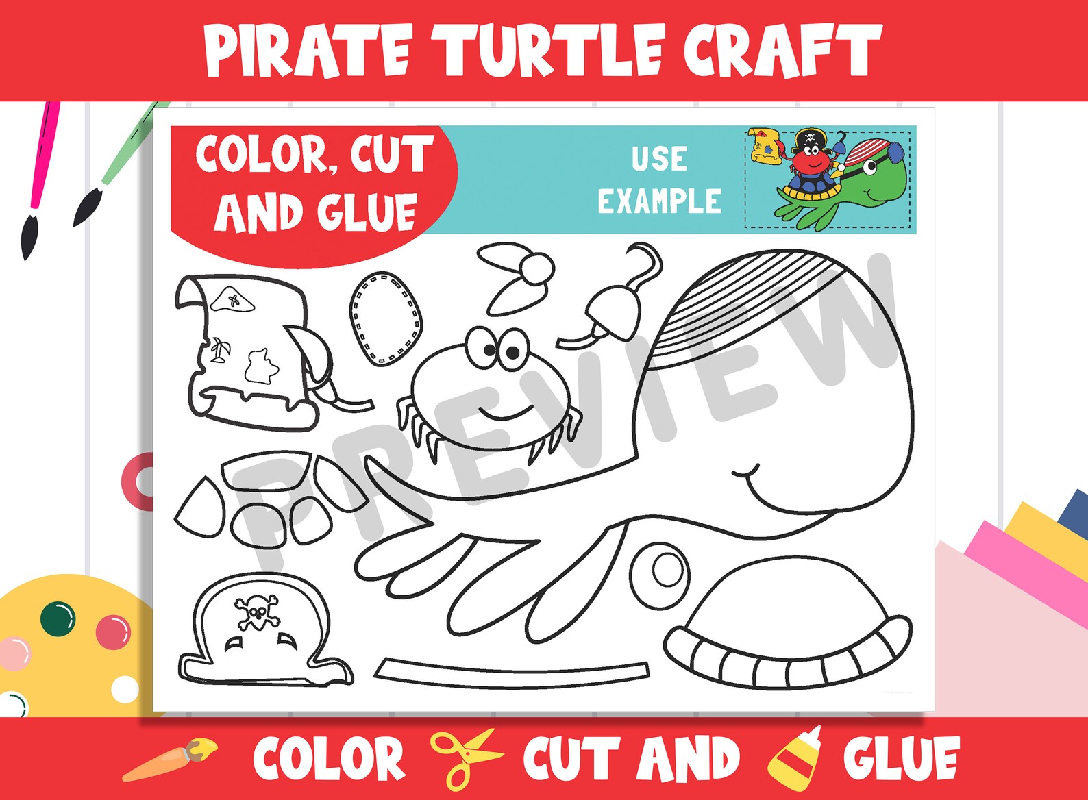 Pirate Turtle Craft Activity Color, Cut, and Glue for Prek to 2nd Grade ...