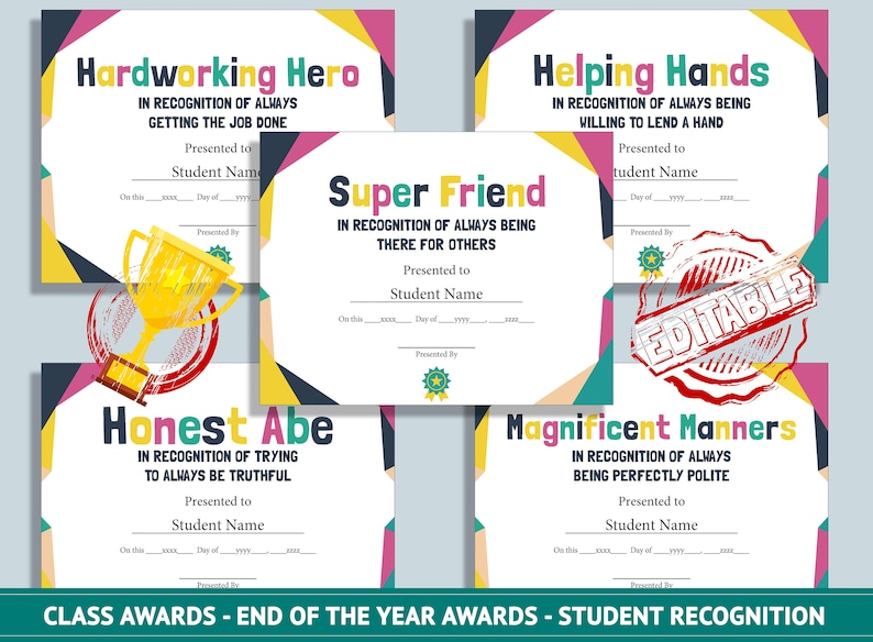 Editable End of School Awards, End of the Year Awards, Student ...