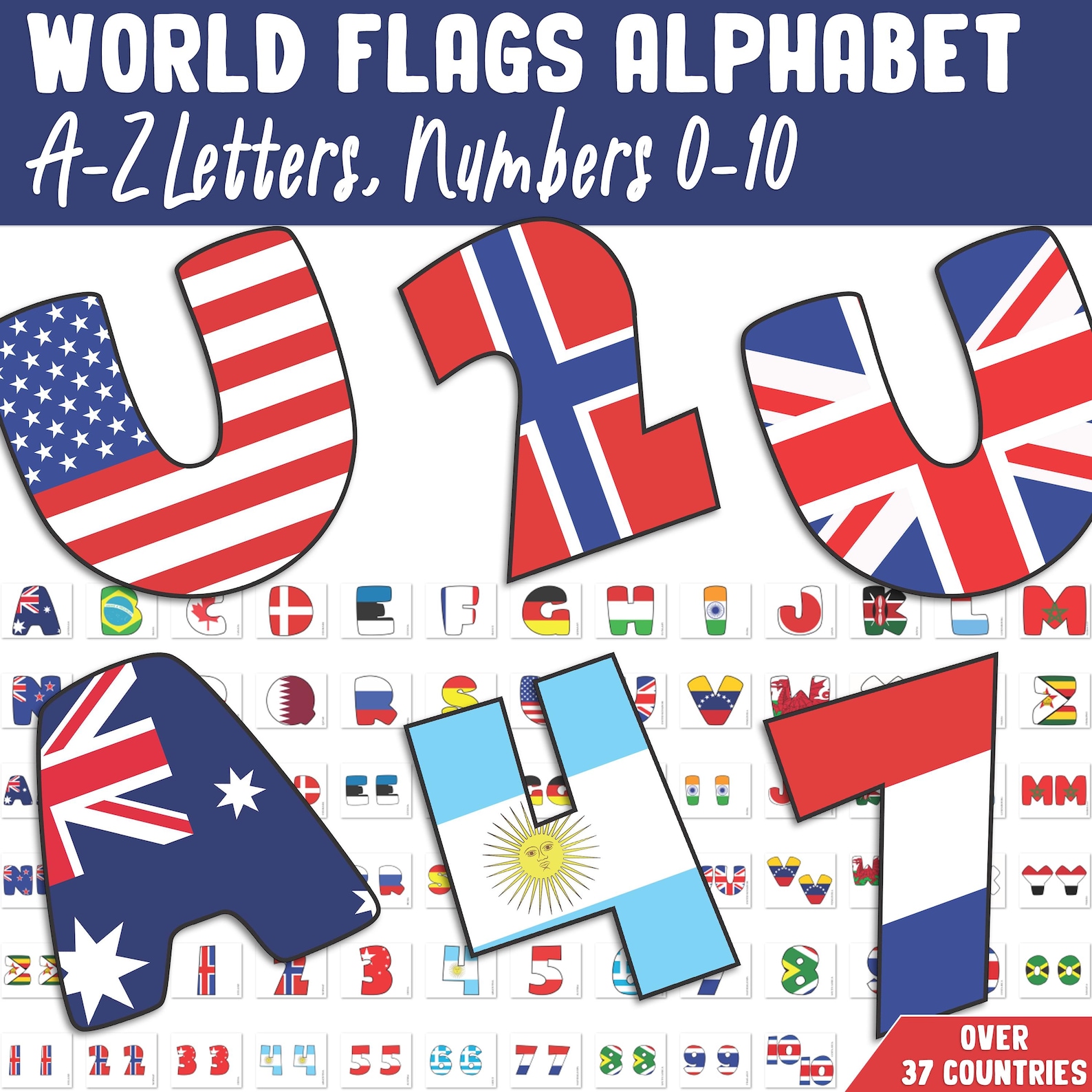 World Flags Alphabet: A-Z Letters, Numbers 0-10, Over 37 Countries, 1 ...