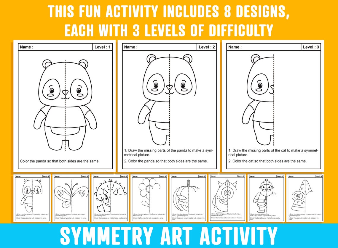Symmetry Art Activity, Lines of Symmetry, 24 Pages/8 Designs, Each With ...