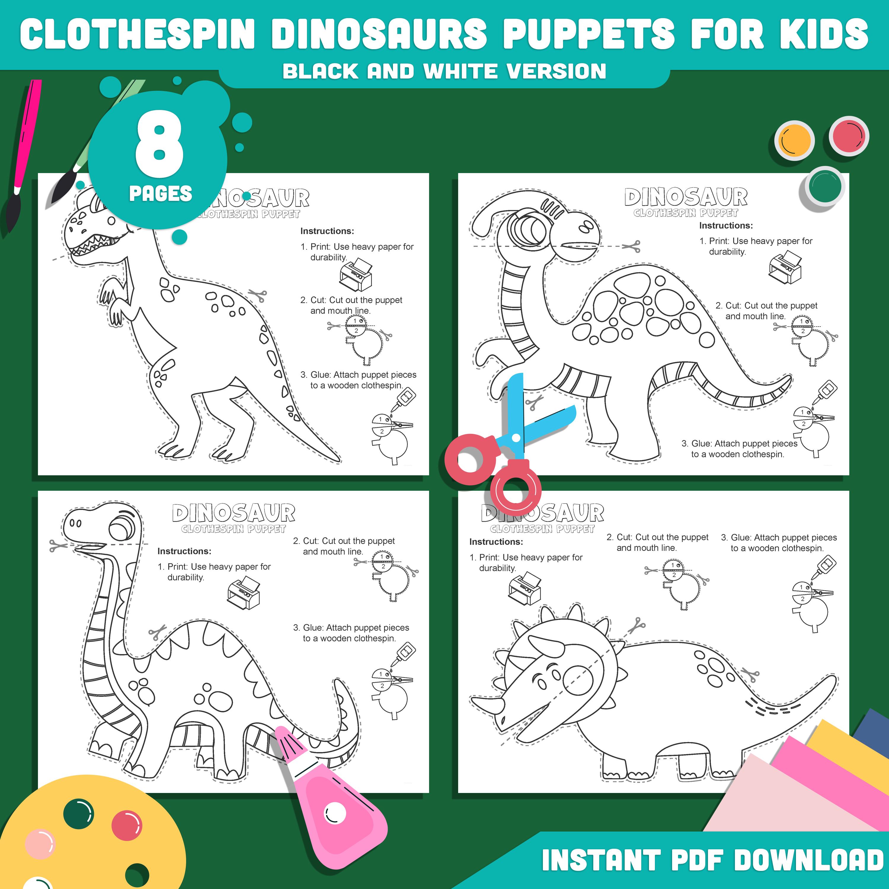 Clothespin Dinosaur Puppets, 8-page Printable Craft With 4 Unique ...