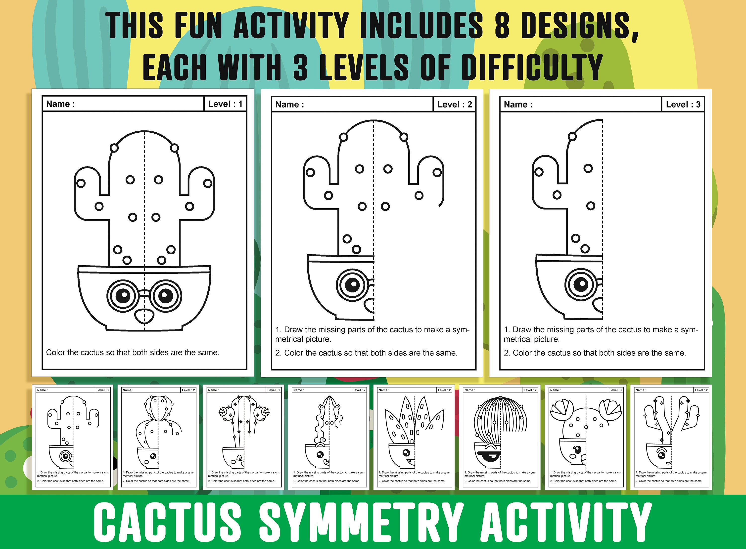 Cactus Symmetry Worksheet, Cactus Theme Lines of Symmetry Activity, 24 ...