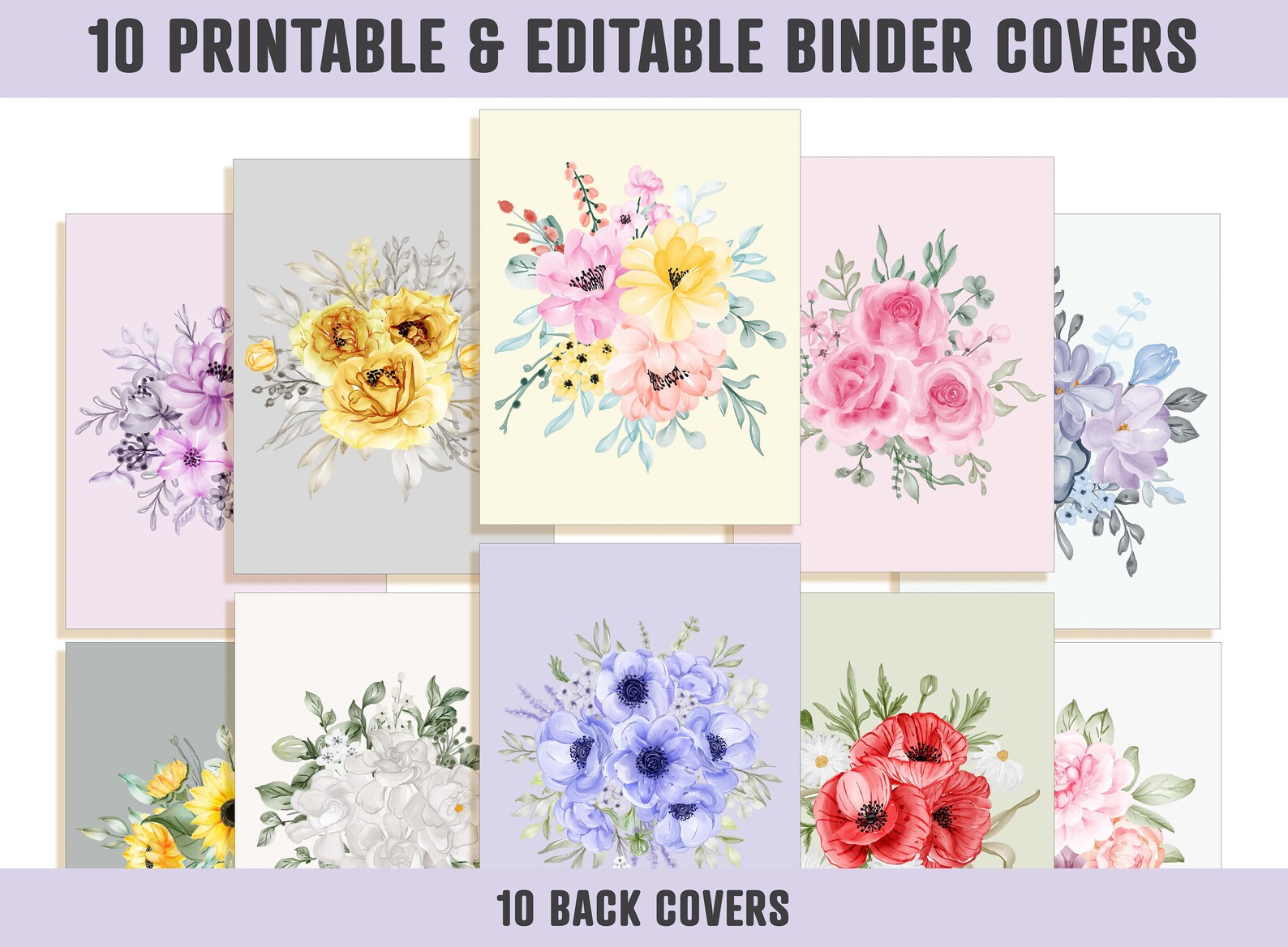 Flower Binder Cover, 10 Printable & Editable Binder Coversspines Binder ...