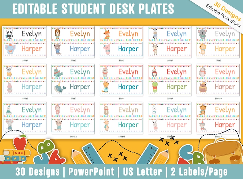 Student Desk Plates, 30 Printable/editable Cute Cartoon Animals ...