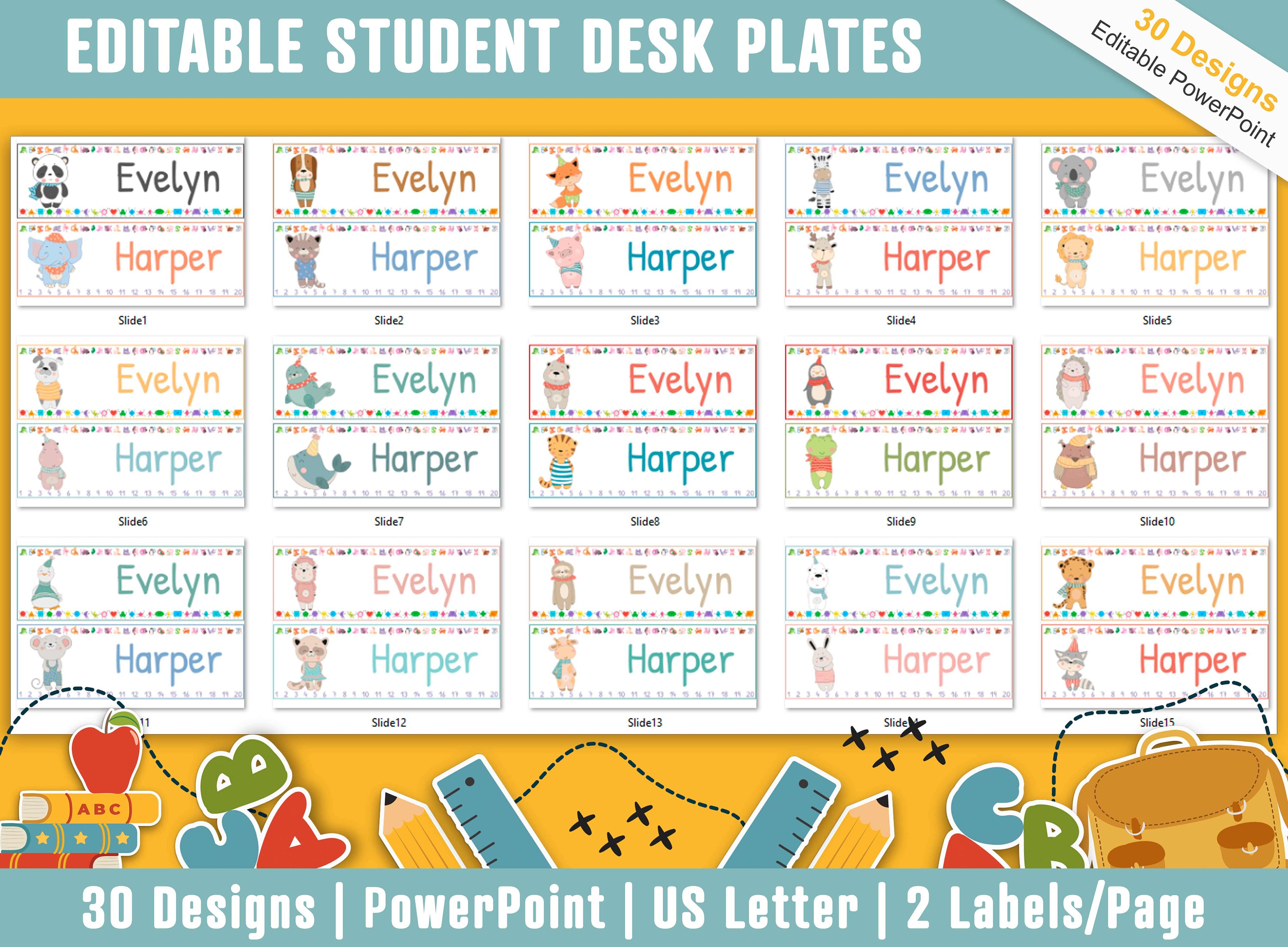 Student Desk Plates, 30 Printable/editable Cute Cartoon Animals ...