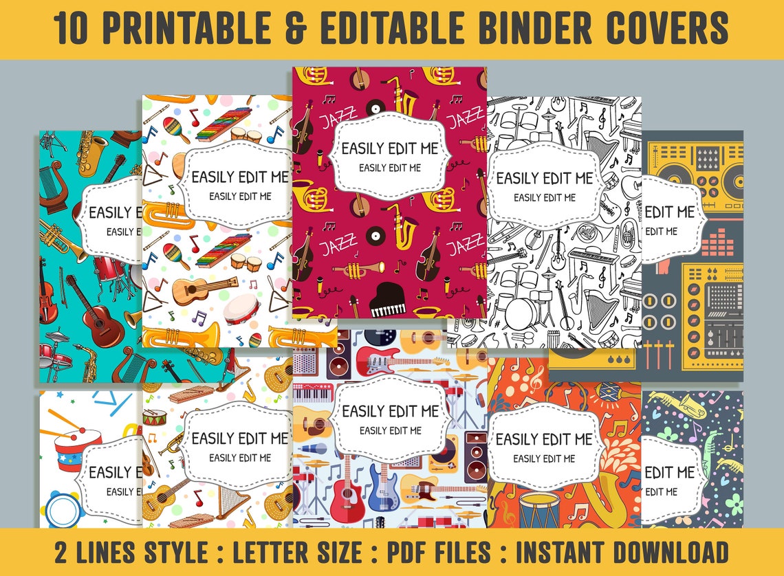 Musical Instruments Binder Cover, 10 Printable & Editable Binder Covers ...