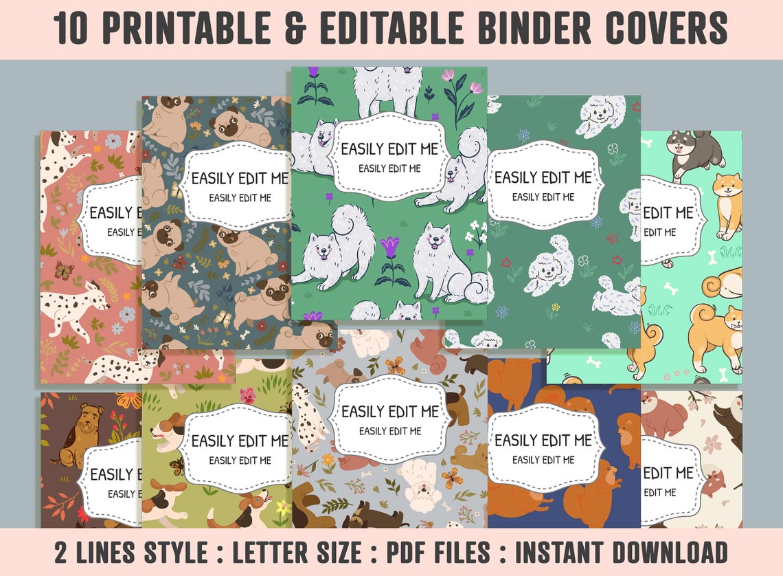 Dogs and Flowers Binder Cover 10 Printable/editable Binder - Etsy