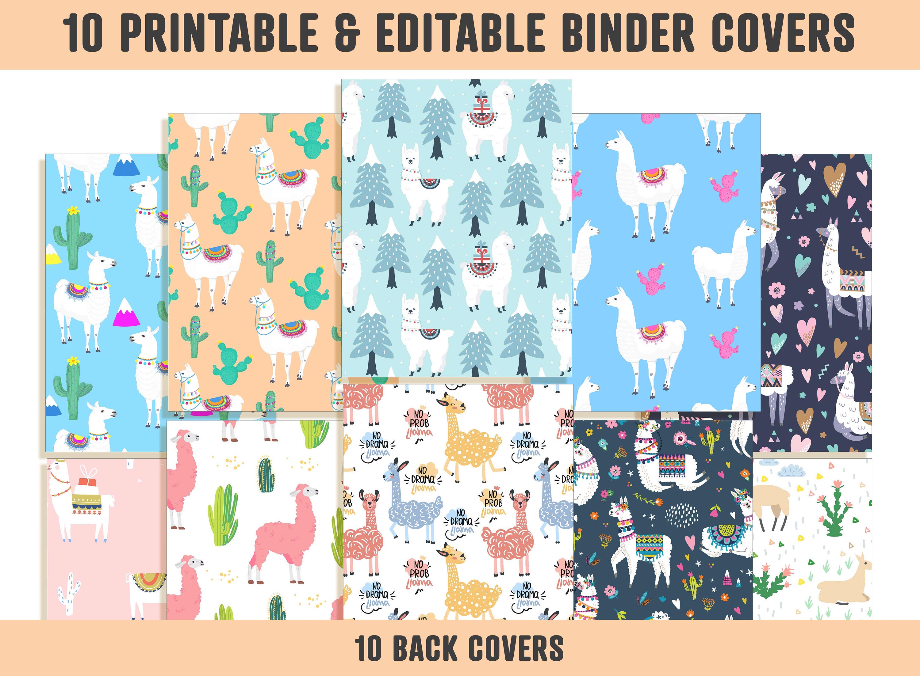 Llama Binder Cover, 10 Printable & Editable Coversspines, Binder Insert ...