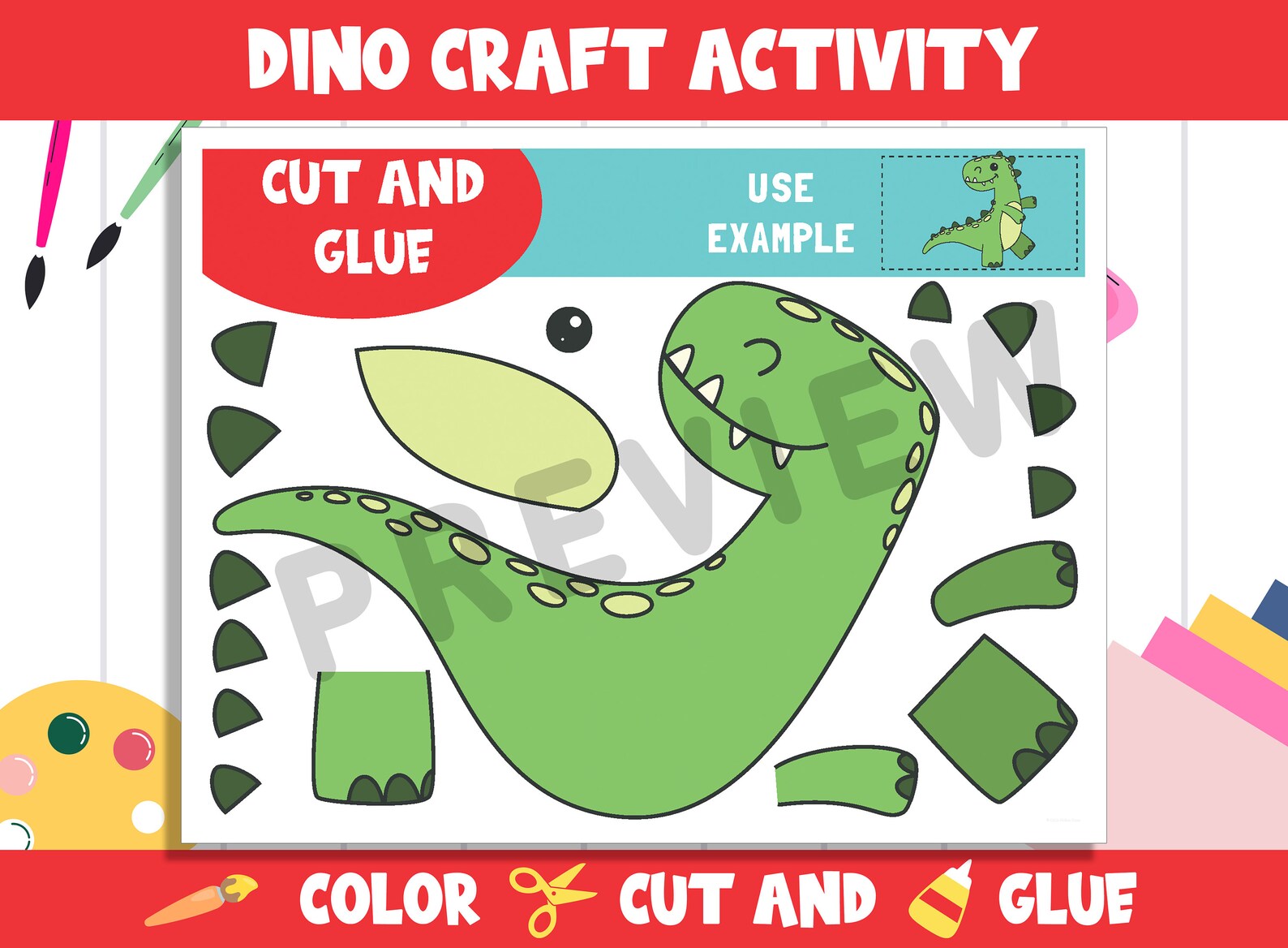 Cute Dino Craft Activity Color, Cut, and Glue for Prek to 2nd Grade ...