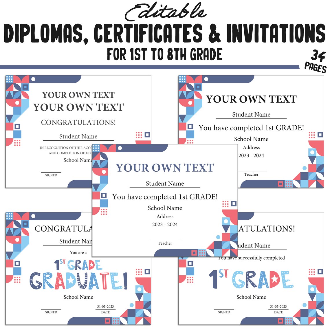 Editable Diplomas for 4th Grade, Certificates for 1st-8th Grade, and ...