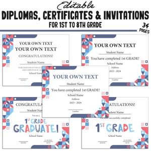 Editable Diplomas for 4th Grade, Certificates for 1st-8th Grade, and ...
