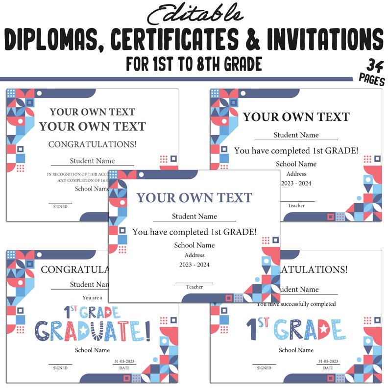 Editable Diplomas for 4th Grade, Certificates for 1st-8th Grade, and ...