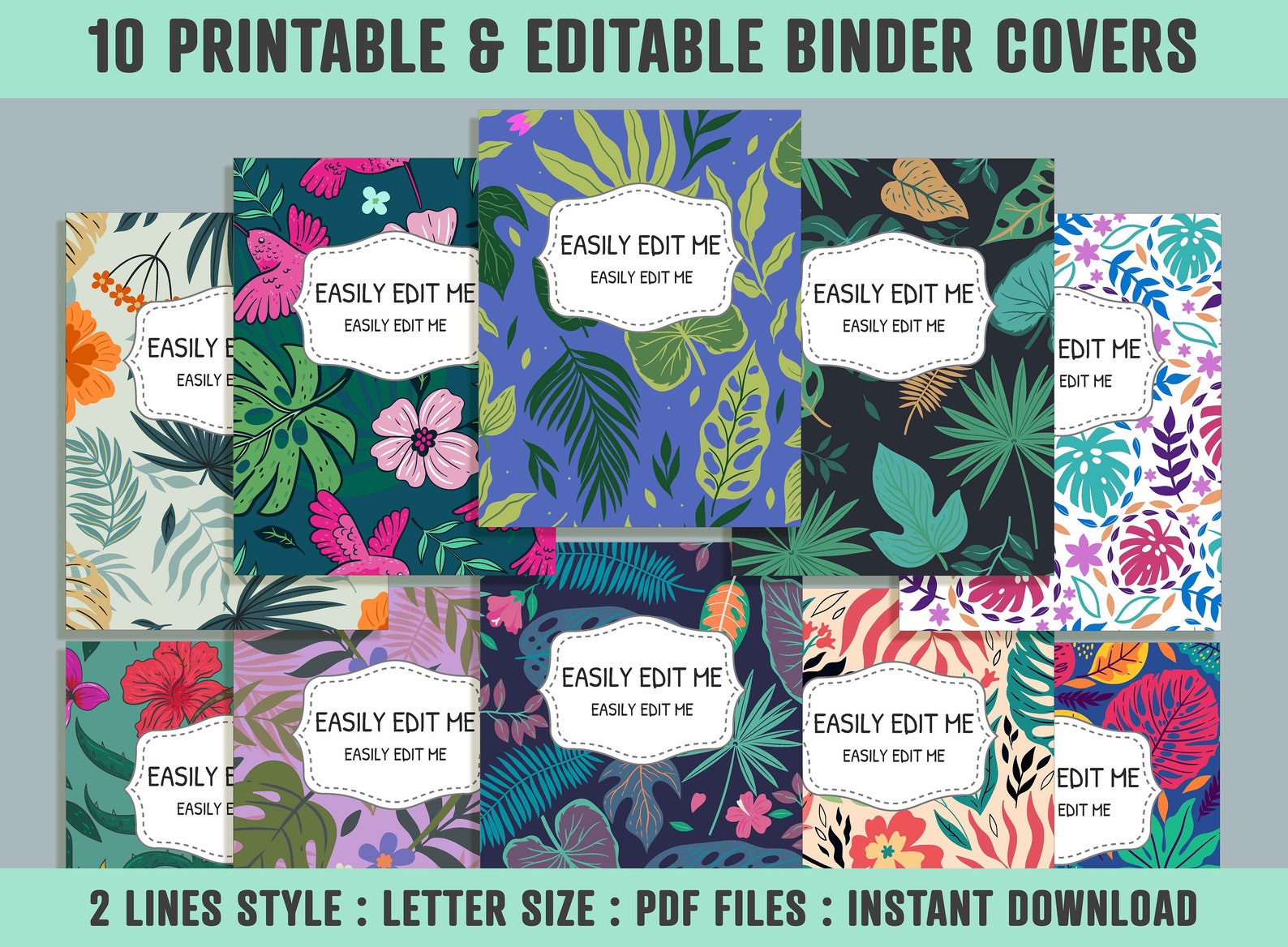 Tropical Leaves Binder Cover, 10 Printable/editable Binder Covers ...