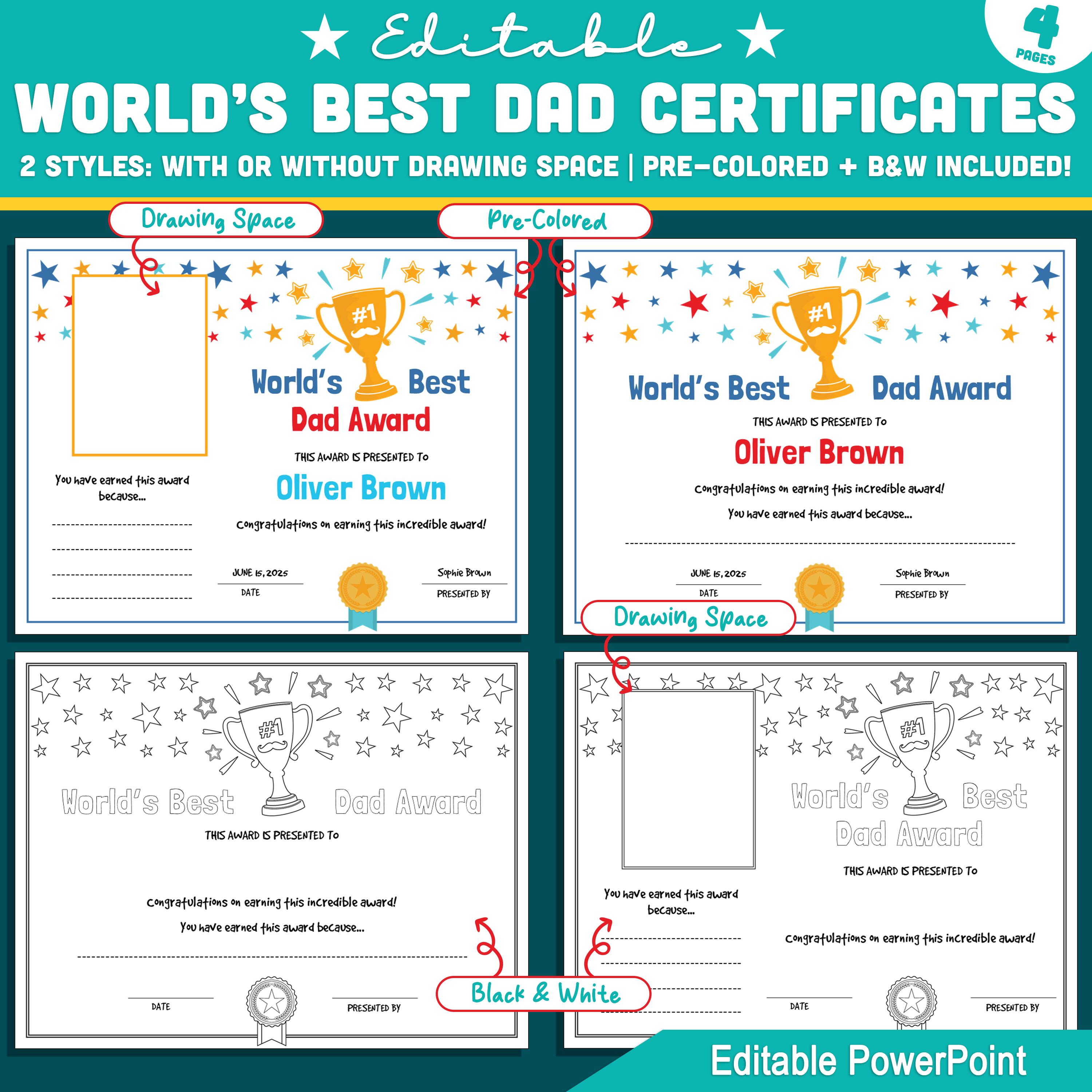 Editable Father’s Day Awards Certificates – Pre-colored and B&W, With ...