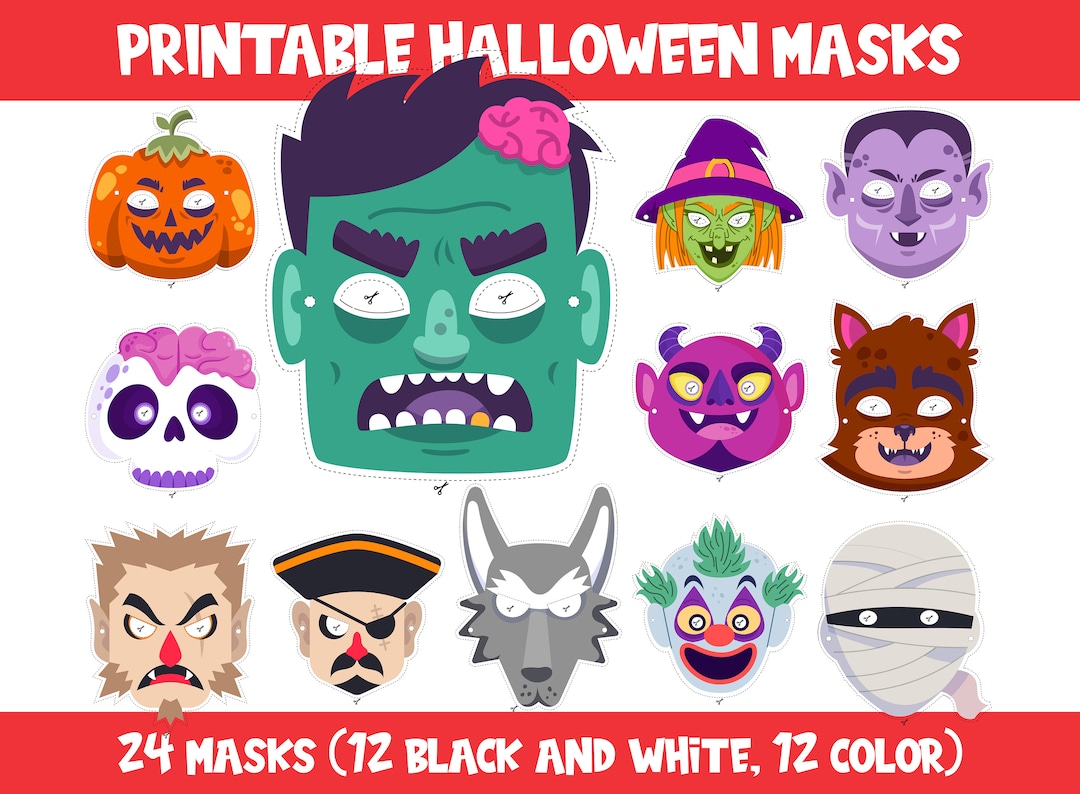 Printable Halloween Mask Set, Includes 24 Masks (12 Black & White, 12 ...