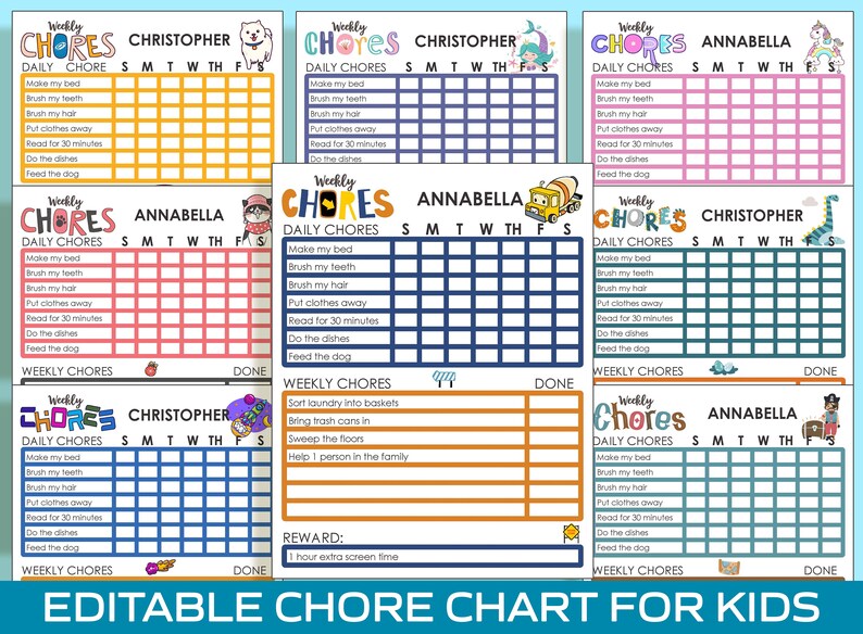8 Adorable Printable and Editable Chore Chart Ideas for Kids – Instant ...