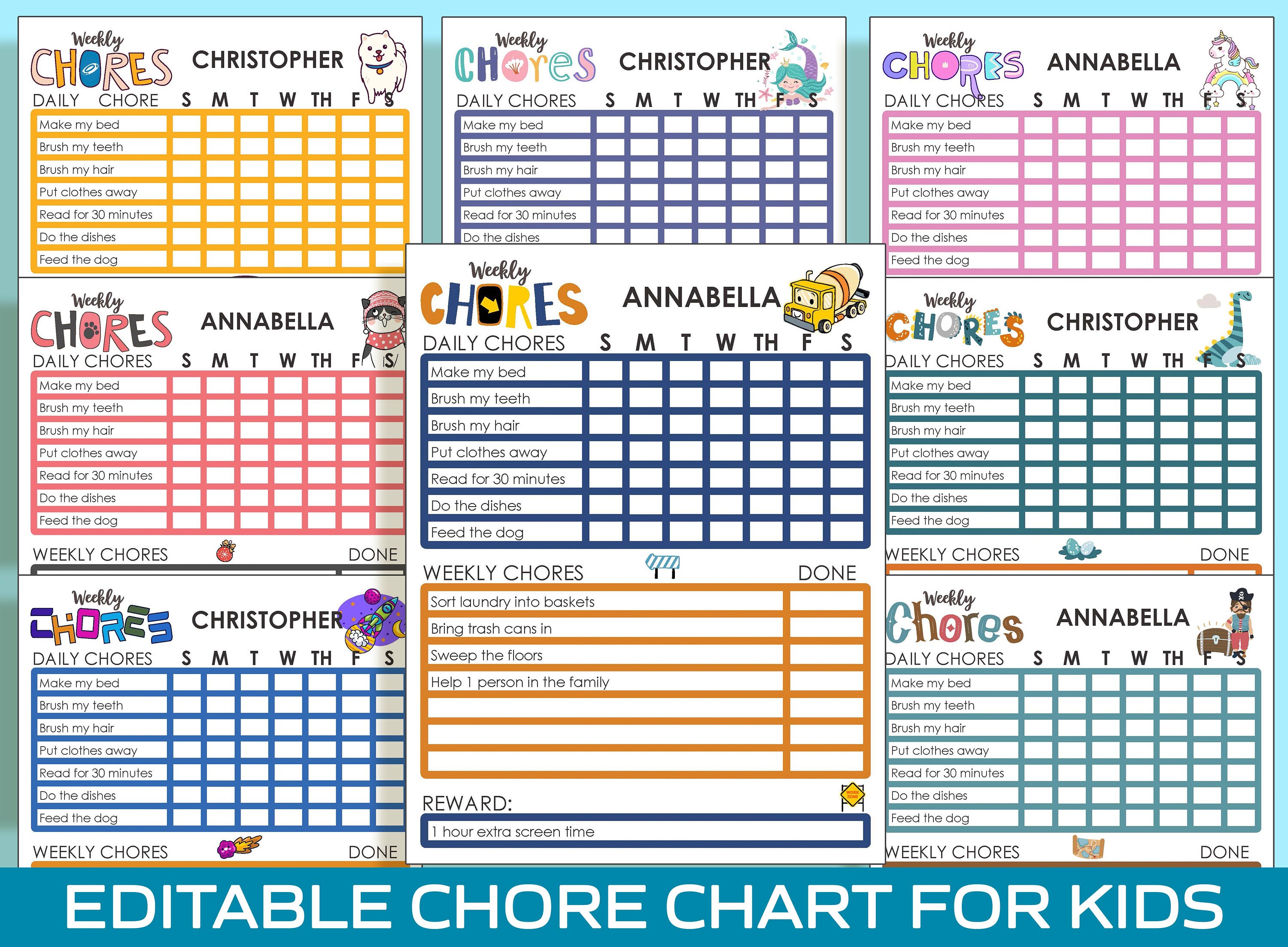 8 Adorable Printable and Editable Chore Chart Ideas for Kids – Instant ...