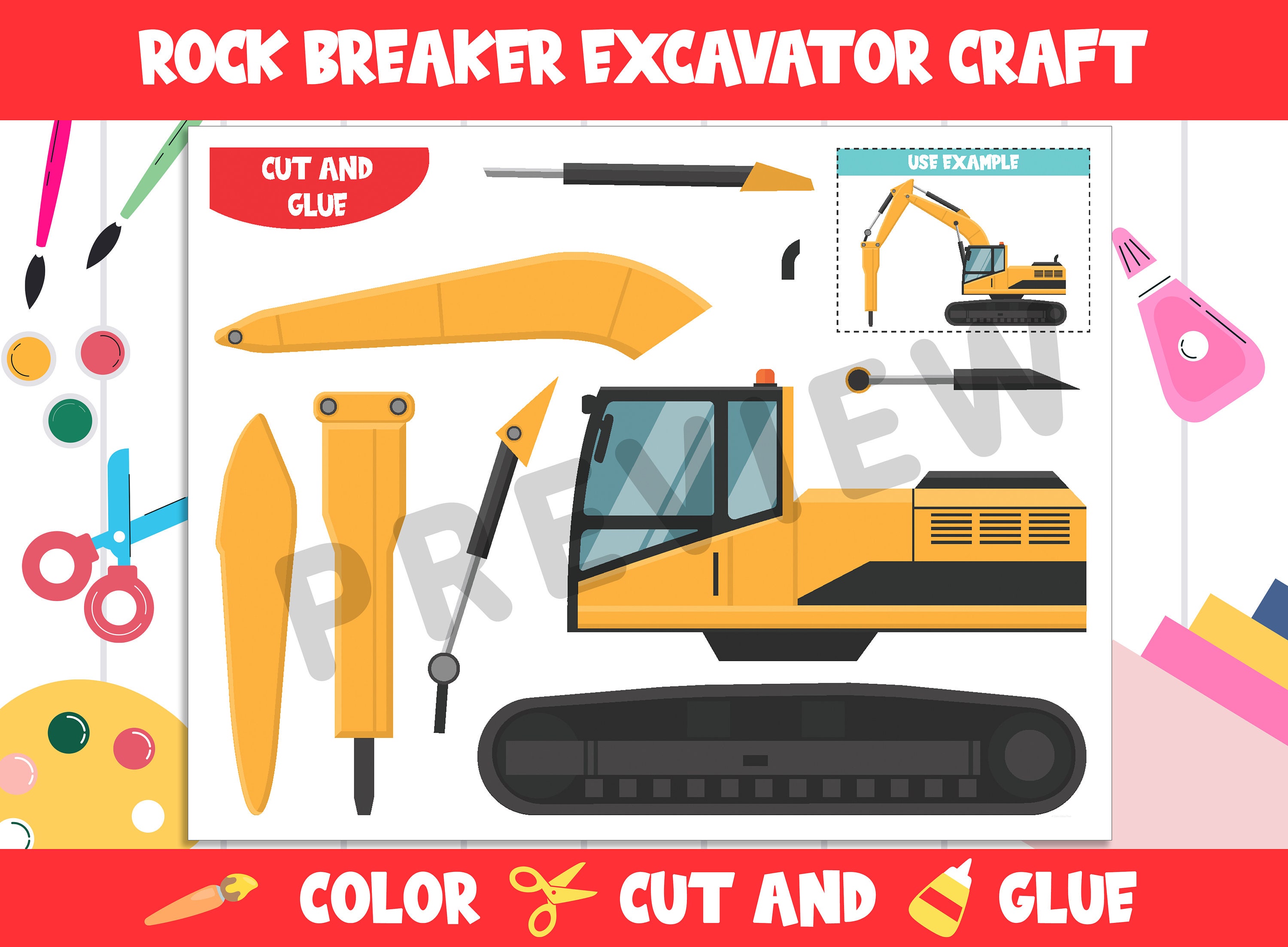 Rock Breaker Excavator Craft Activity - Color, Cut, and Glue for Prek ...