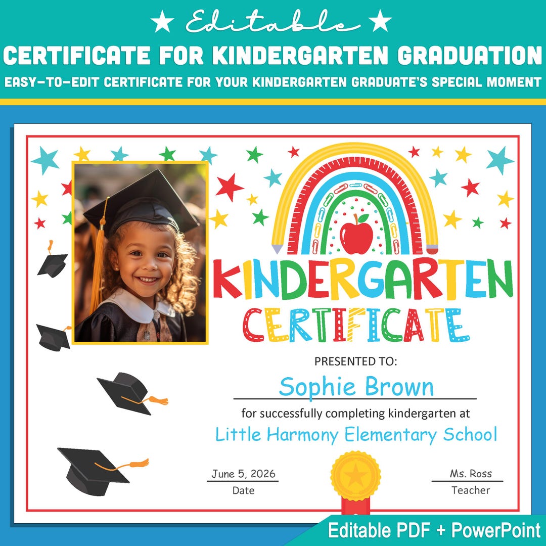 Editable Kindergarten Certificate With Photo, Graduation Diploma ...